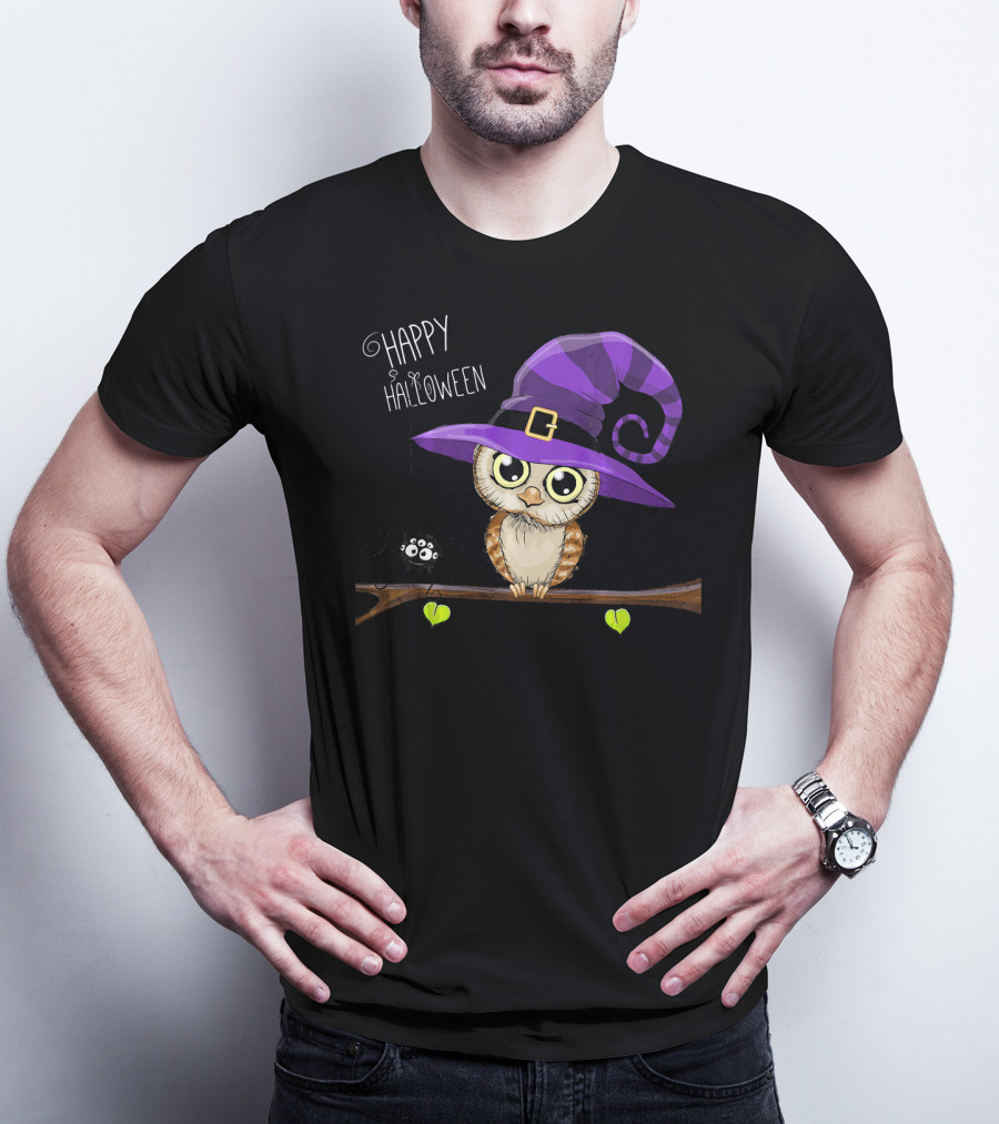 Happy Halloween Owl In Purple Witch Hat With Spider On Branch T-Shirt
