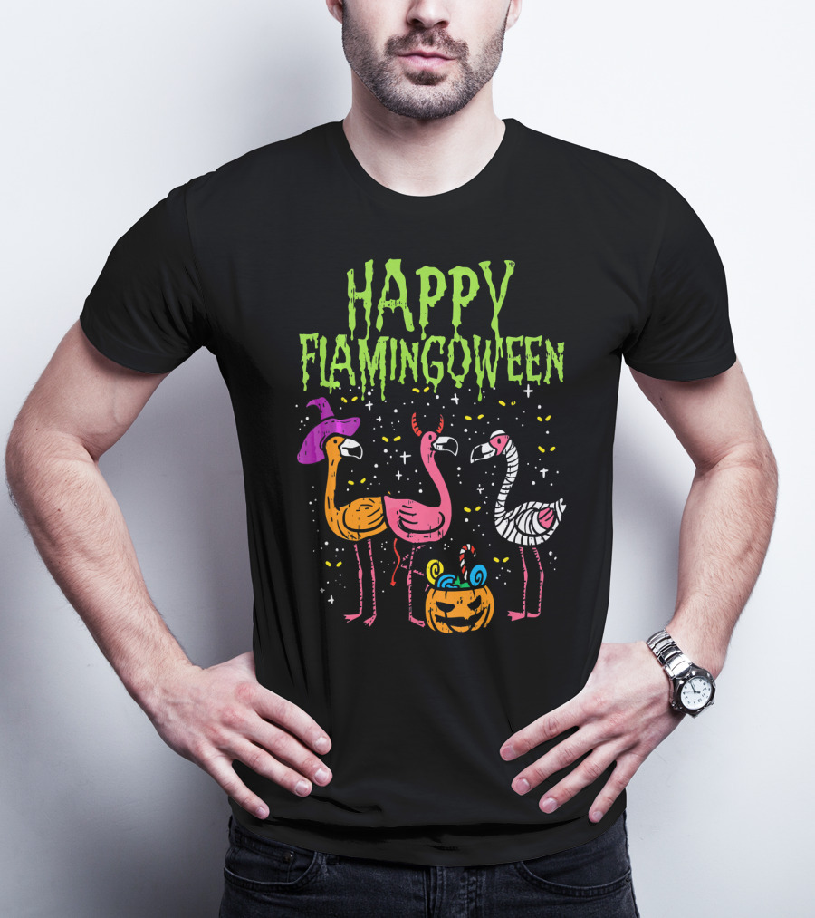 Happy Flamingoween Witch, Devil, Mummy Flamingo Halloween Pumpkin Candy T-Shirt