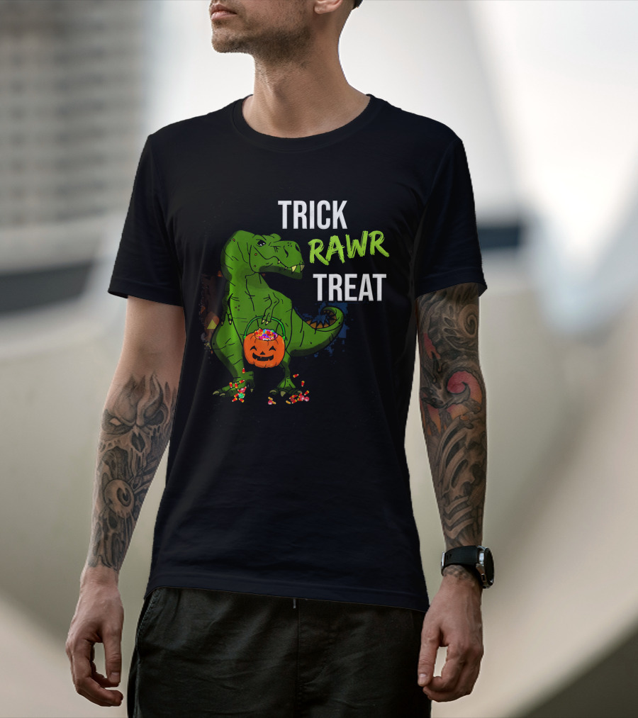Trick Rawr Treat Halloween Rex Dinosaur With Candy And Pumpkin T-Shirt