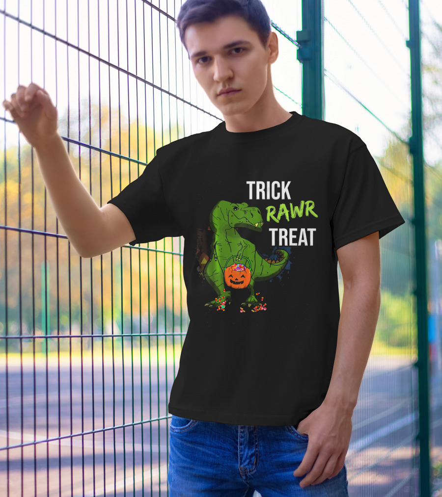 Trick Rawr Treat Halloween Rex Dinosaur With Candy And Pumpkin T-Shirt