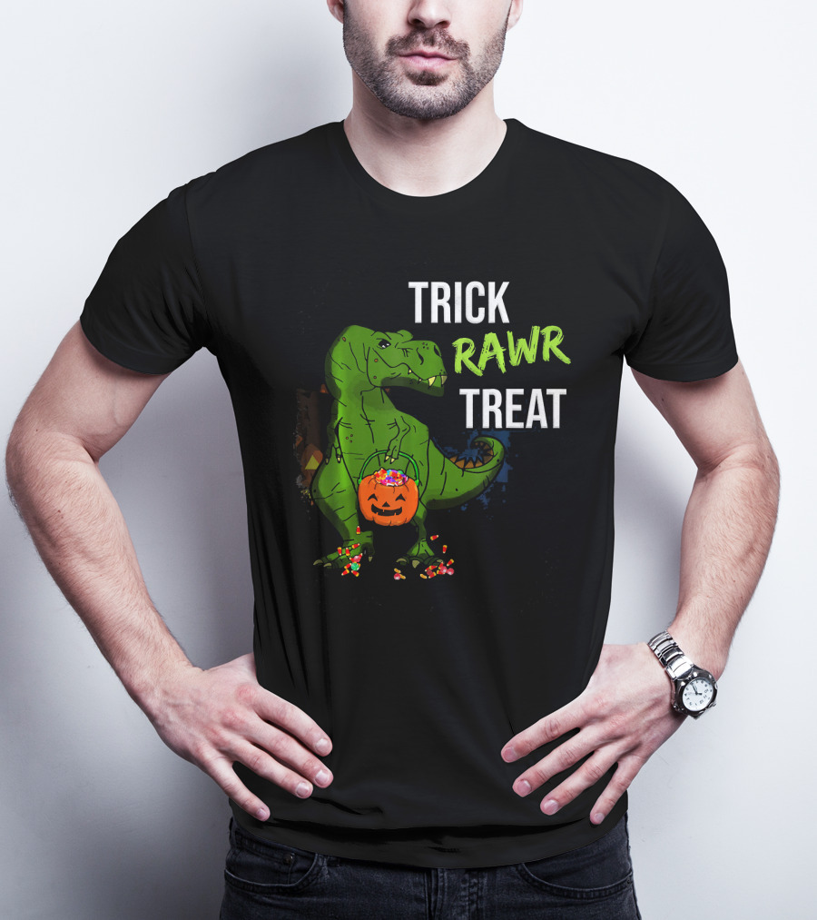 Trick Rawr Treat Halloween Rex Dinosaur With Candy And Pumpkin T-Shirt