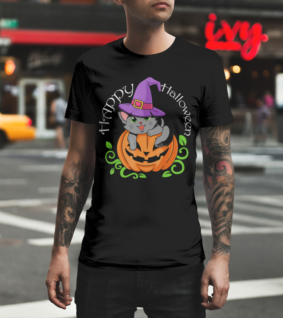 Happy Halloween Cat In Witch Hat On Pumpkin T-Shirt