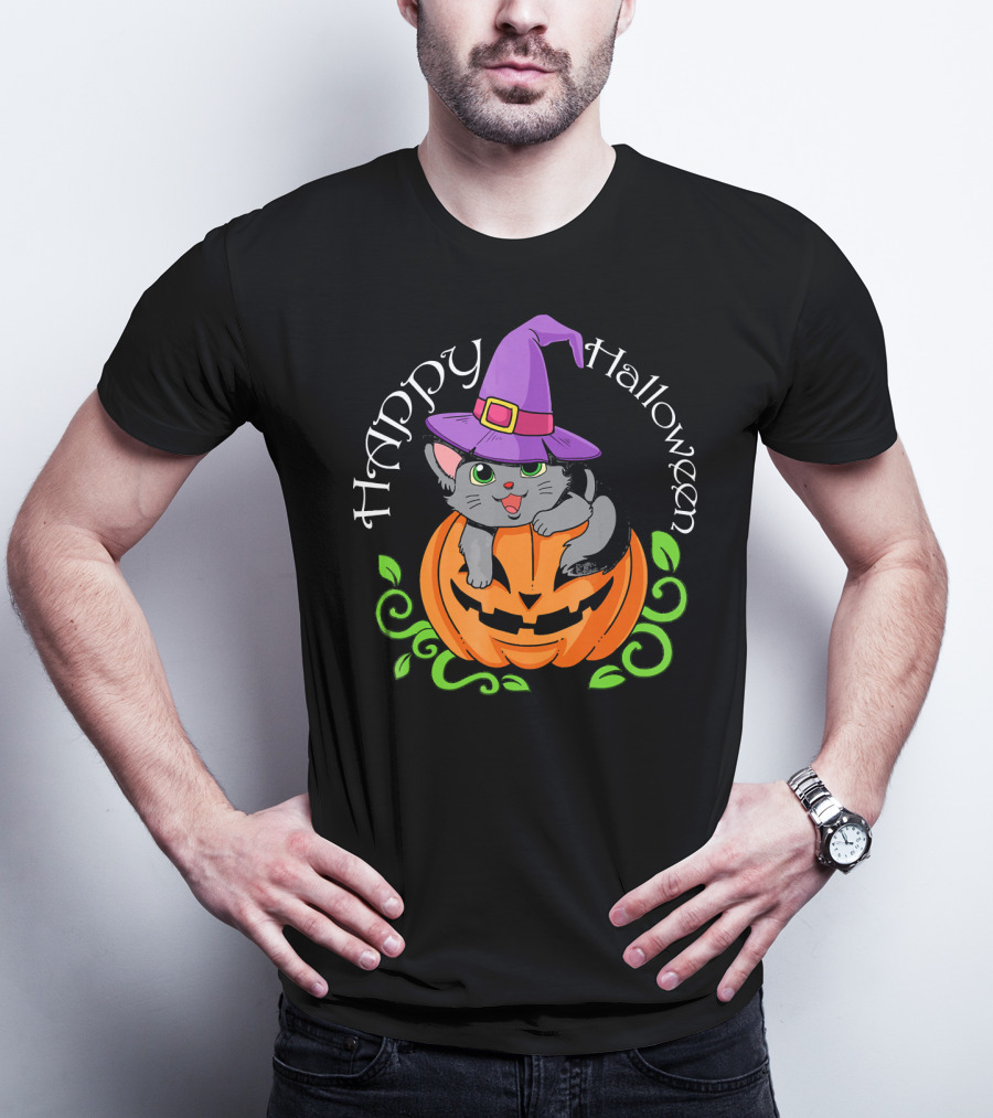 Happy Halloween Cat In Witch Hat On Pumpkin T-Shirt