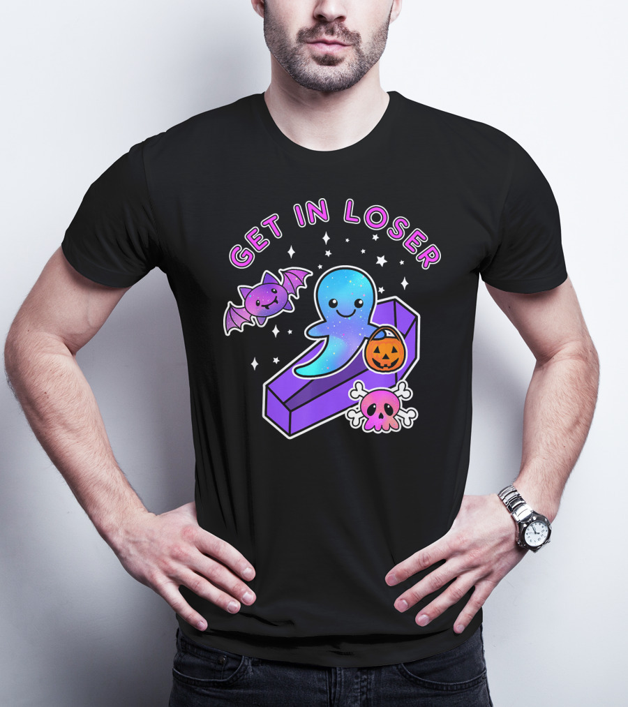 Get In Loser Kawaii Pastel Goth Halloween Ghost Coffin With Bat And Pumpkin T-Shirt