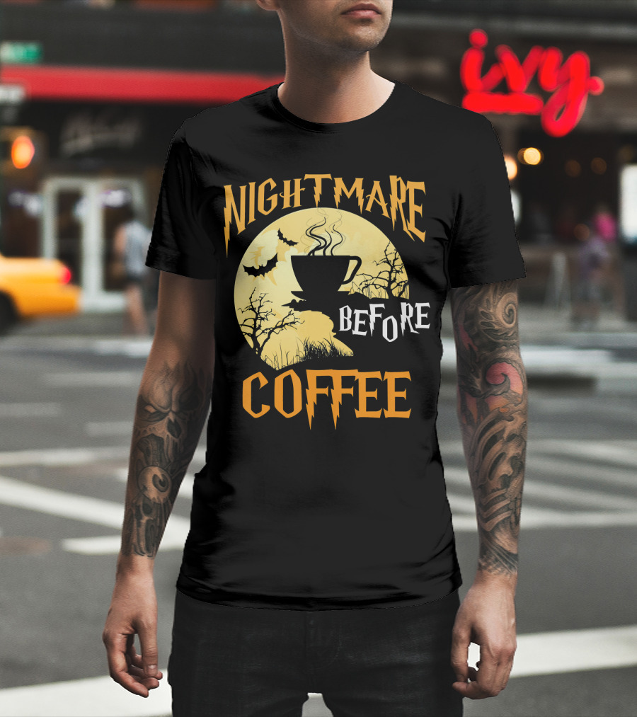 Nightmare Before Coffee Halloween Moon Bat And Tree T-Shirt