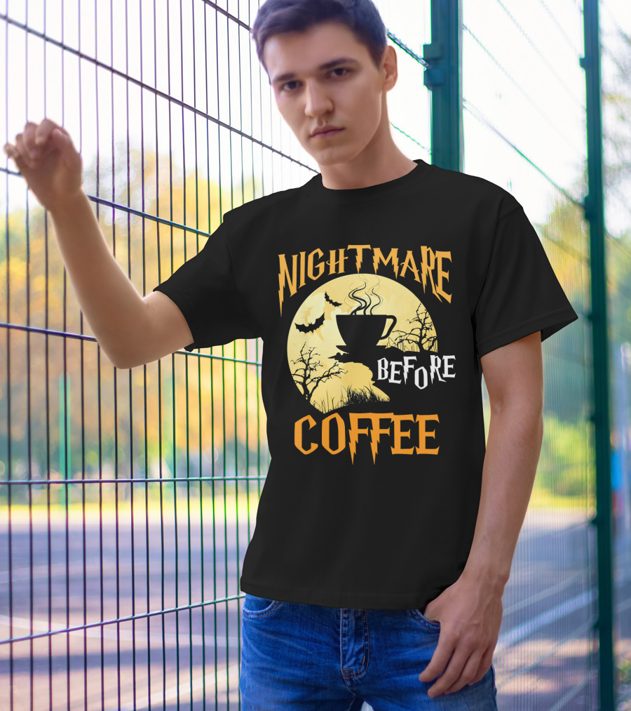 Nightmare Before Coffee Halloween Moon Bat And Tree T-Shirt