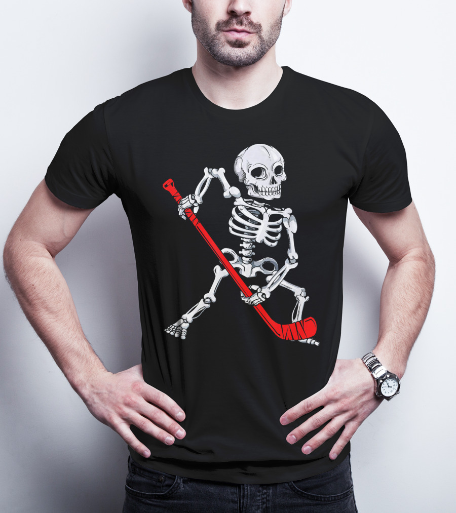 Skeleton Hockey Skeleton With Red Hockey Stick T-Shirt