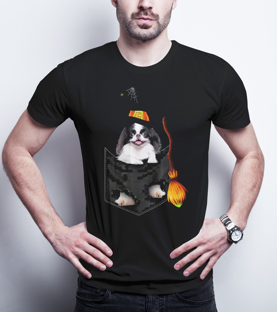 Japanese Chin Halloween Witch Hat Broom Pocket T-Shirt