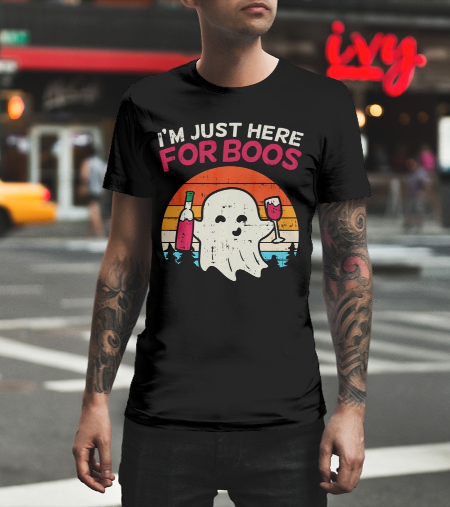 I'm Just Here For Boos Retro Ghost Wine Vintage T-Shirt