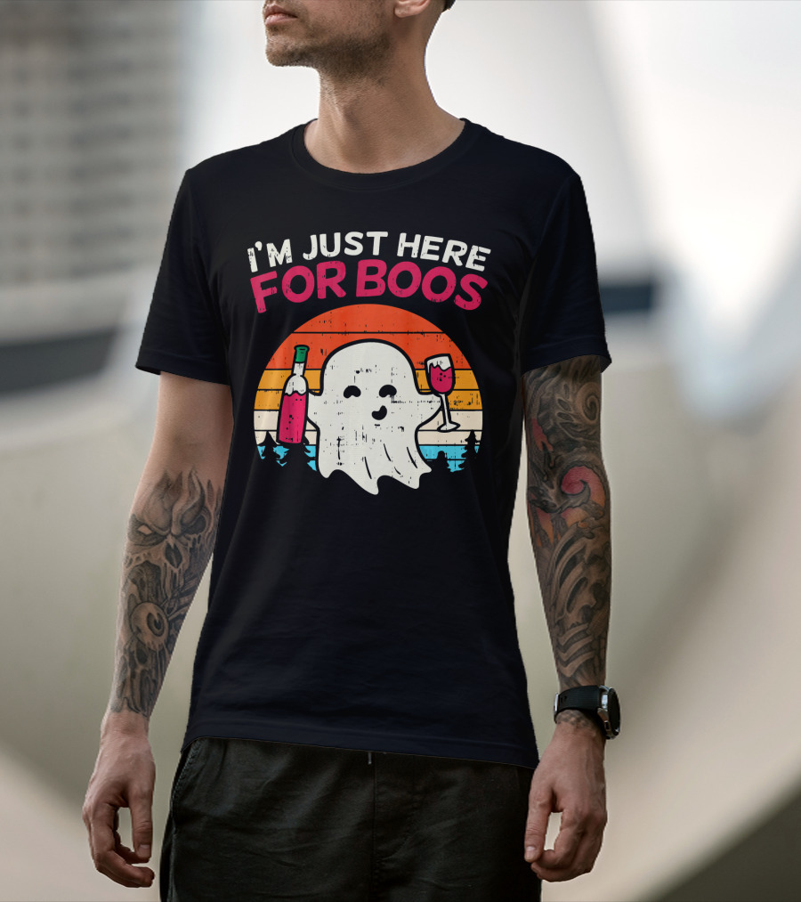 I'm Just Here For Boos Retro Ghost Wine Vintage T-Shirt