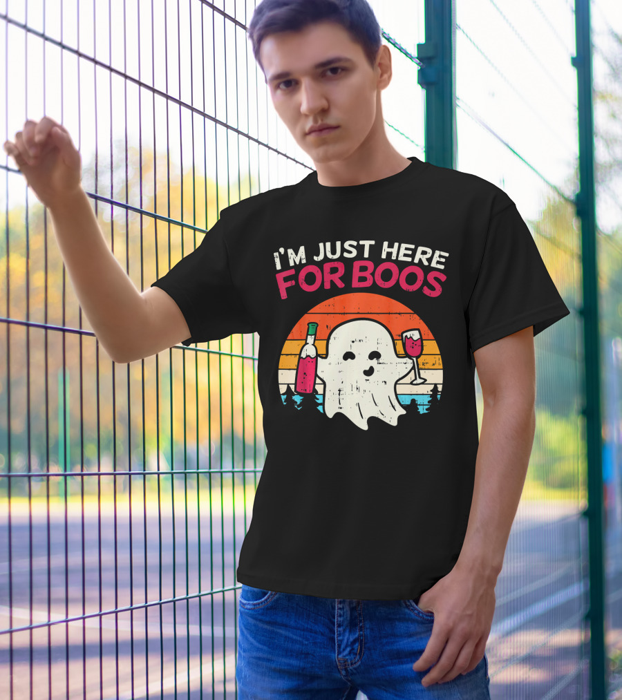 I'm Just Here For Boos Retro Ghost Wine Vintage T-Shirt