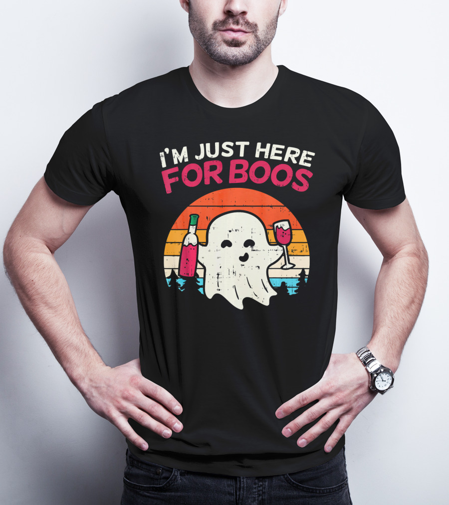 I'm Just Here For Boos Retro Ghost Wine Vintage T-Shirt