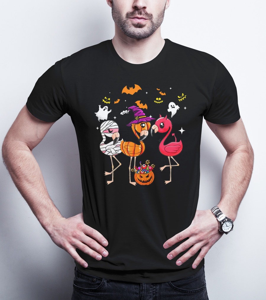 Funny Flamingo Halloween Costume Trio Mummy Witch Boo T-Shirt