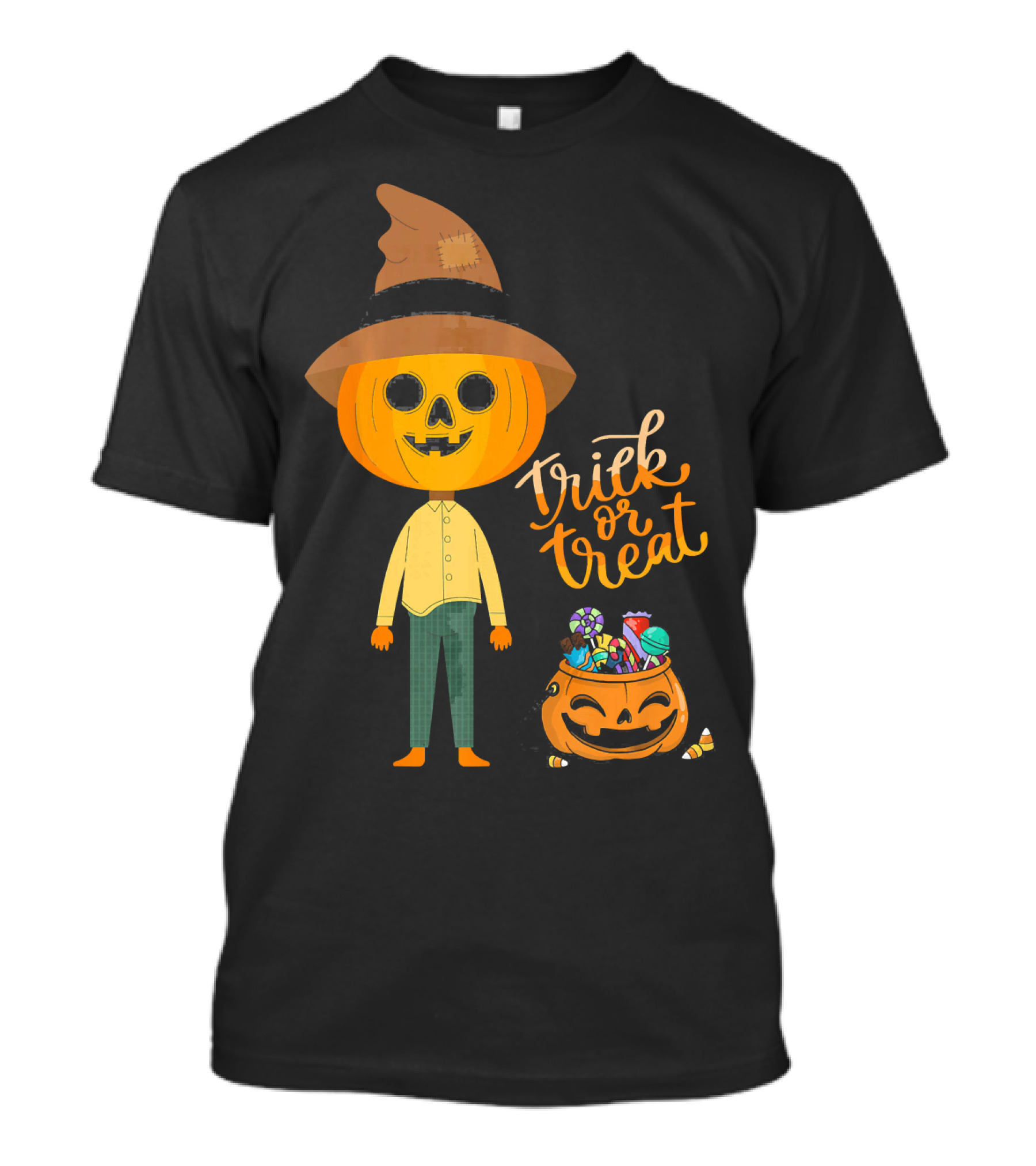 Trick Or Treat Funny Cute Halloween Pumpkin With Candy And Patchwork Hat T-Shirt