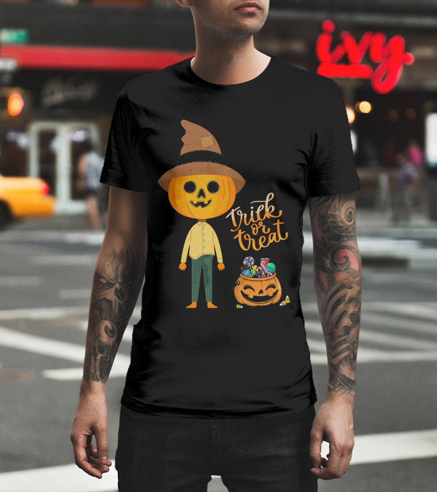 Trick Or Treat Funny Cute Halloween Pumpkin With Candy And Patchwork Hat T-Shirt