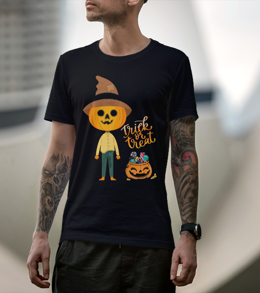 Trick Or Treat Funny Cute Halloween Pumpkin With Candy And Patchwork Hat T-Shirt