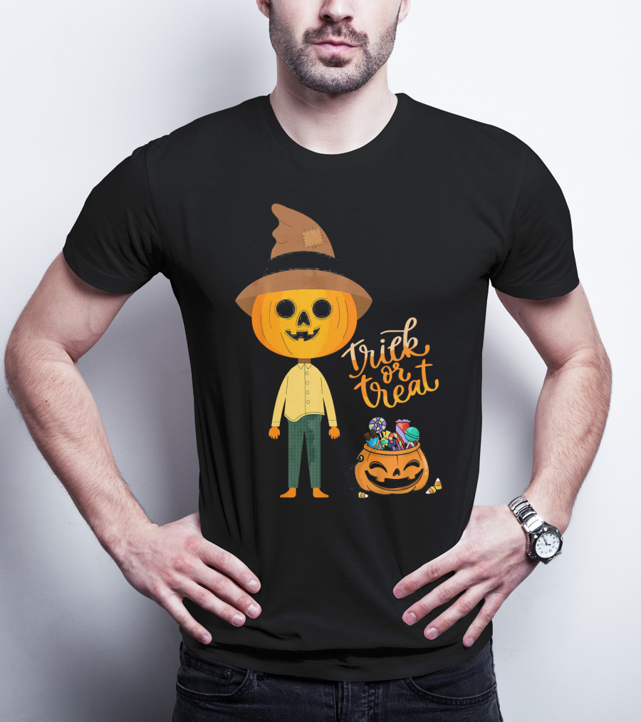 Trick Or Treat Funny Cute Halloween Pumpkin With Candy And Patchwork Hat T-Shirt