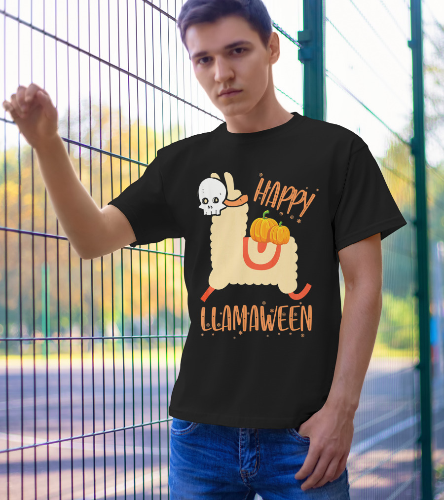Happy Llamaween Funny Halloween Llama With Pumpkins T-Shirt