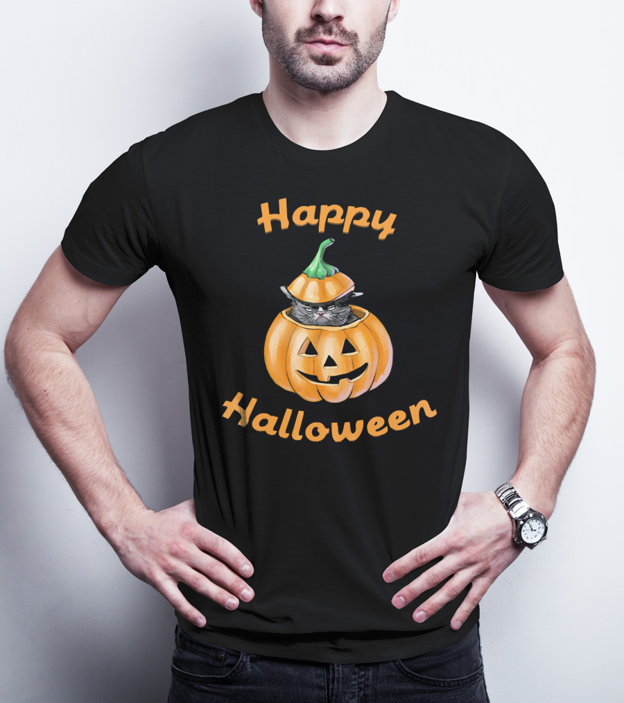 Happy Halloween Funny Cat In Pumpkin T-Shirt