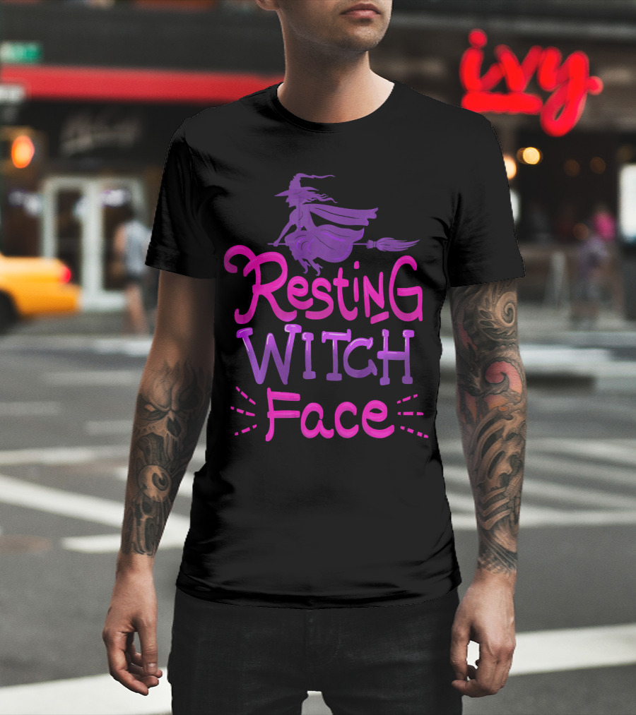 Resting Witch Face Halloween Broomstick T-Shirt