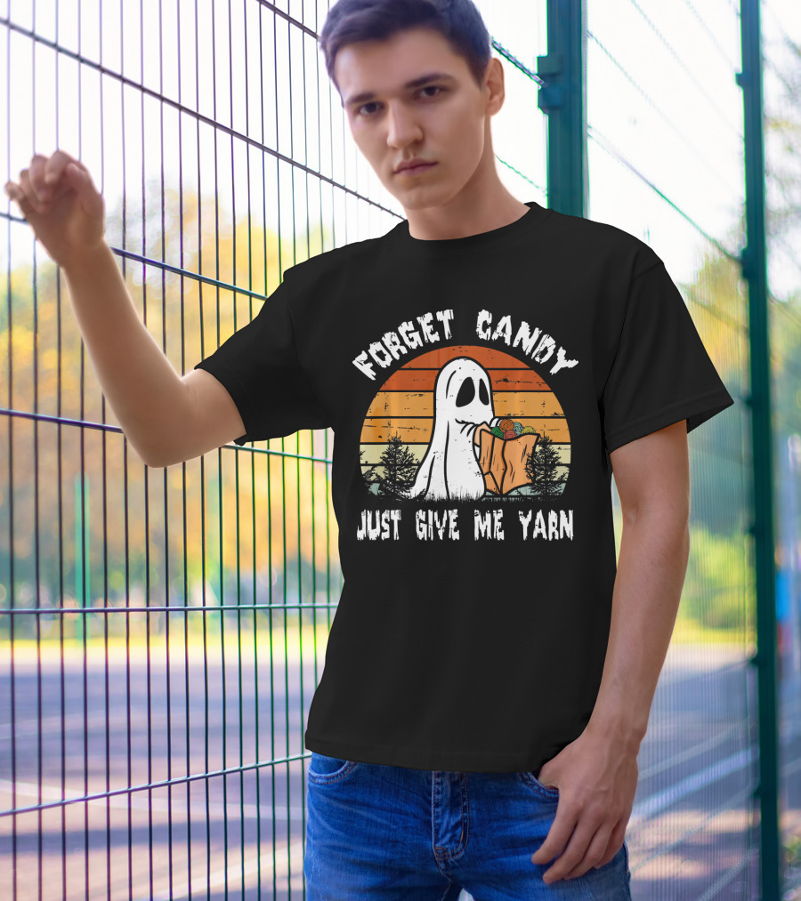 Forget Candy Just Give Me Yarn Ghost With Retro Sunset And Trees T-Shirt