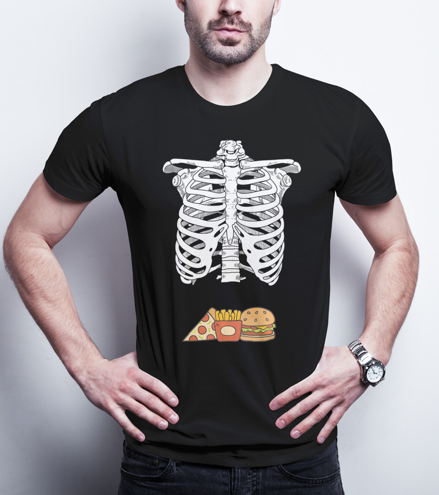 Skeleton Eating Pizza Fries And Burger T-Shirt