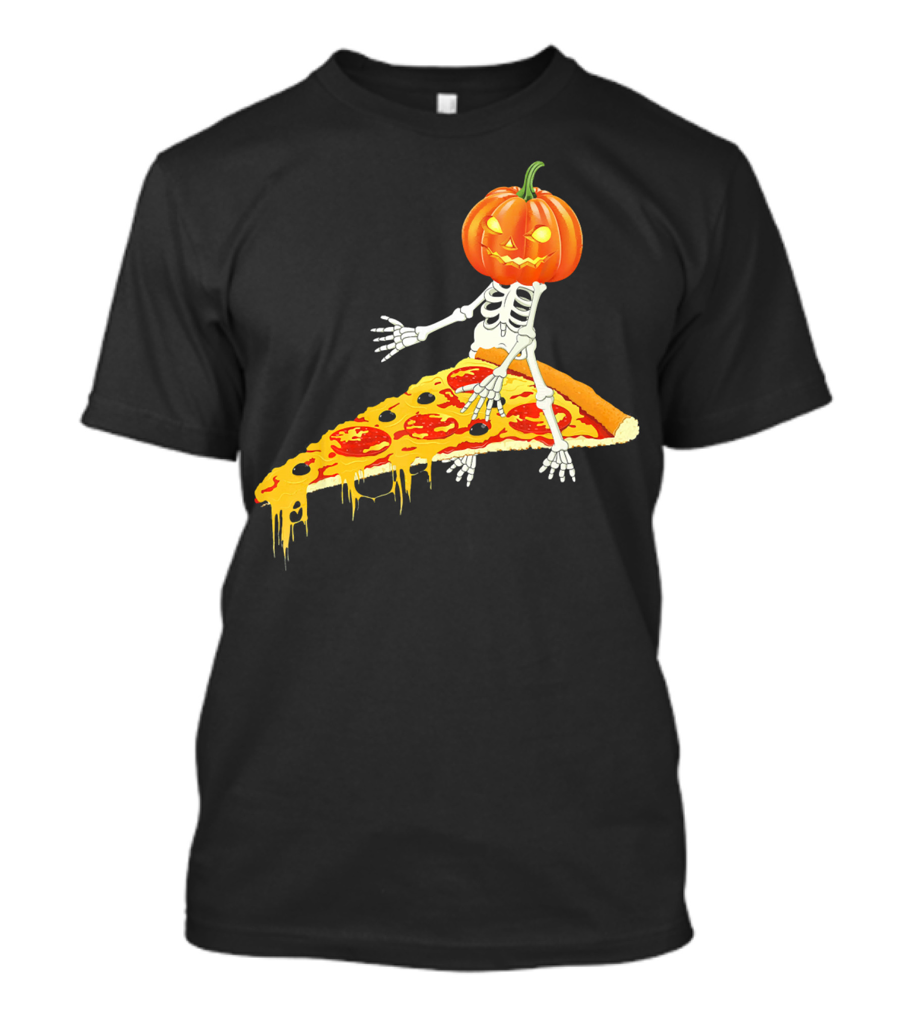 Pumpkin Head Skeleton Sitting On Pizza Slice With Pepperoni T-Shirt