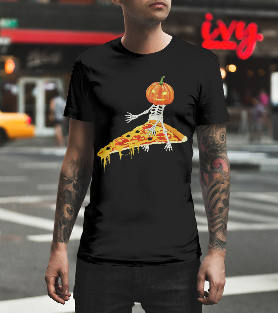 Pumpkin Head Skeleton Sitting On Pizza Slice With Pepperoni T-Shirt