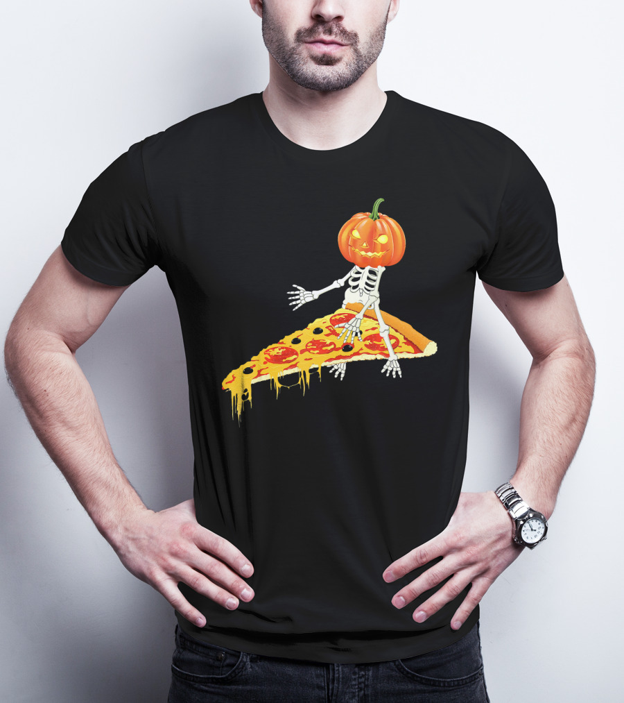 Pumpkin Head Skeleton Sitting On Pizza Slice With Pepperoni T-Shirt