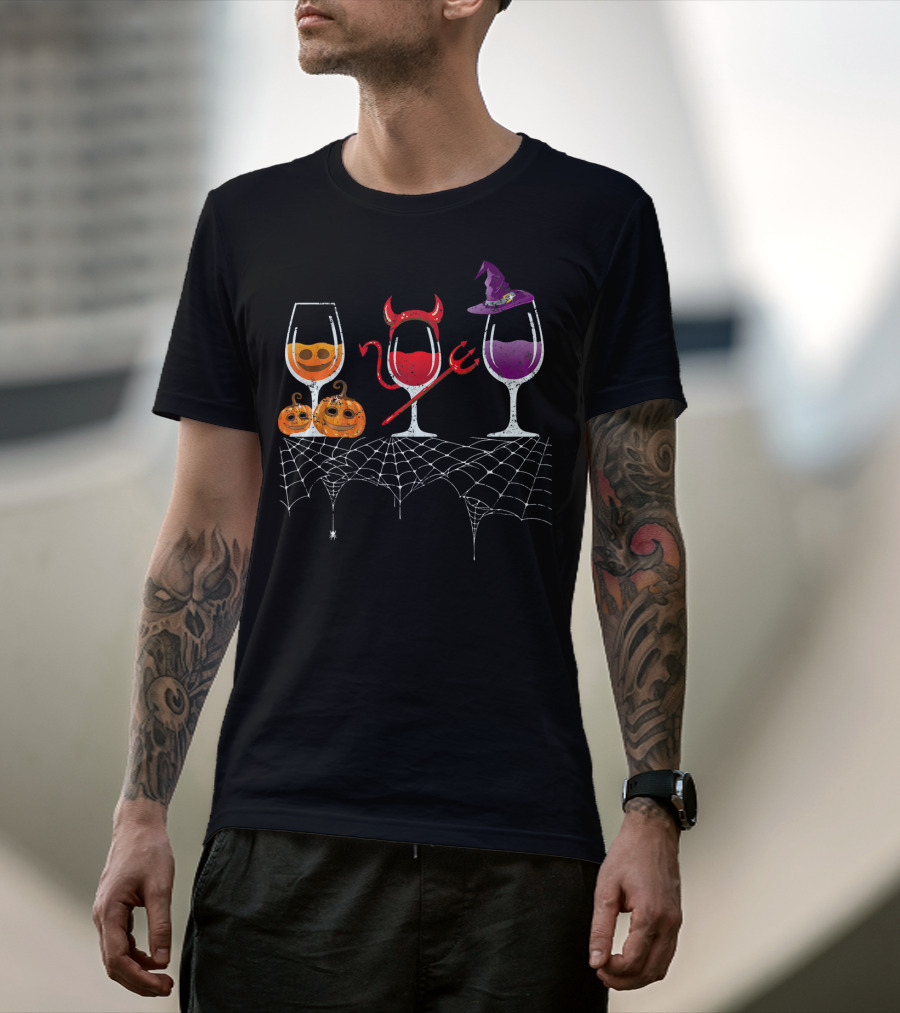 Vintage Halloween Red Devil Purple Witch Wine Glass Pumpkin Faces T-Shirt