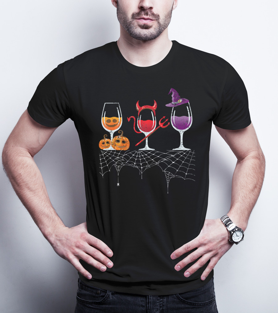 Vintage Halloween Red Devil Purple Witch Wine Glass Pumpkin Faces T-Shirt
