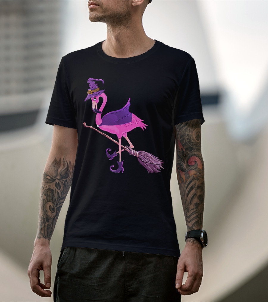 Flamingo Witch Riding Broomstick Funny Halloween T-Shirt