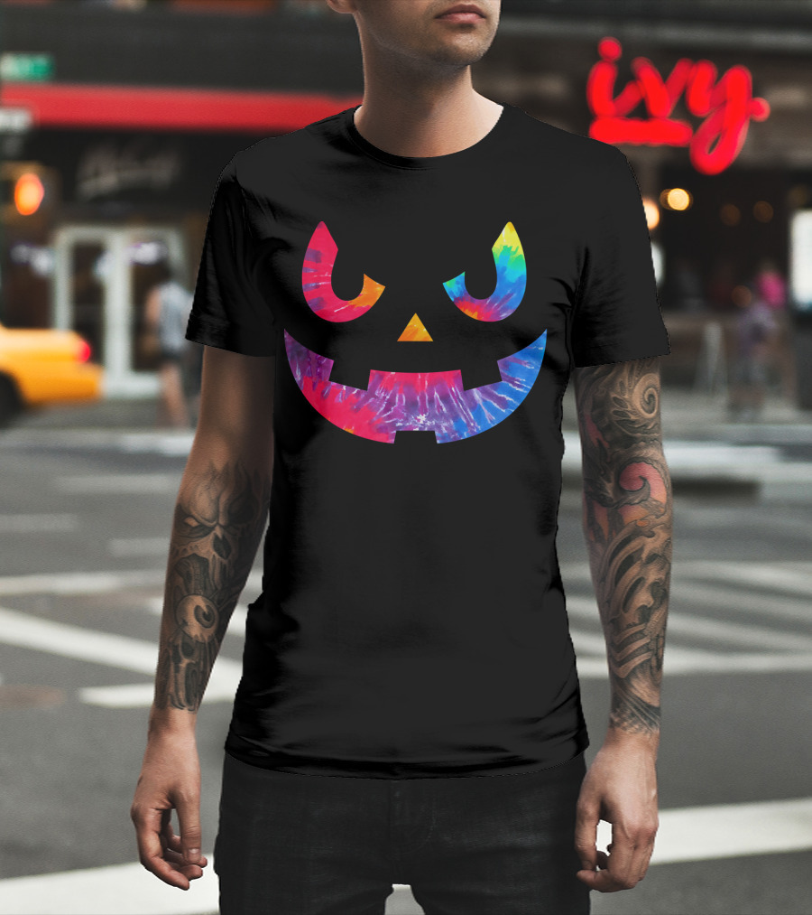 Scary Rainbow Tie Dye Jack O Lantern Face T-Shirt