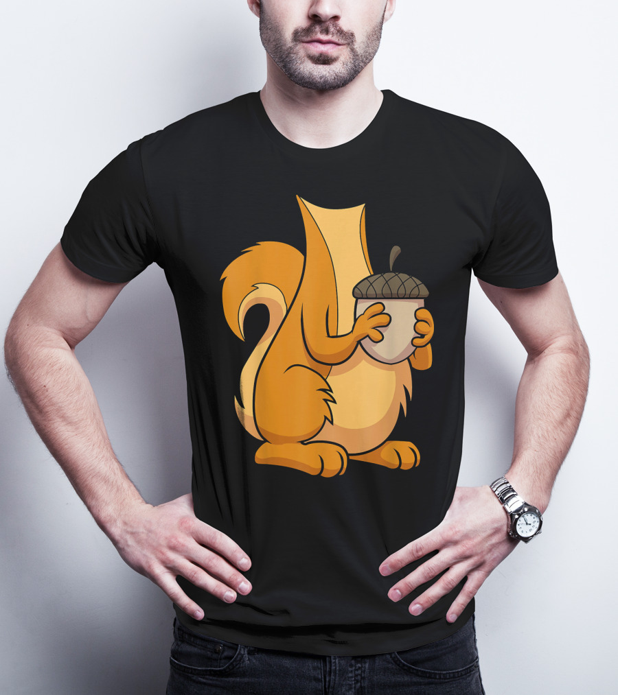 Squirrel Holding Acorn Cartoon T-Shirt