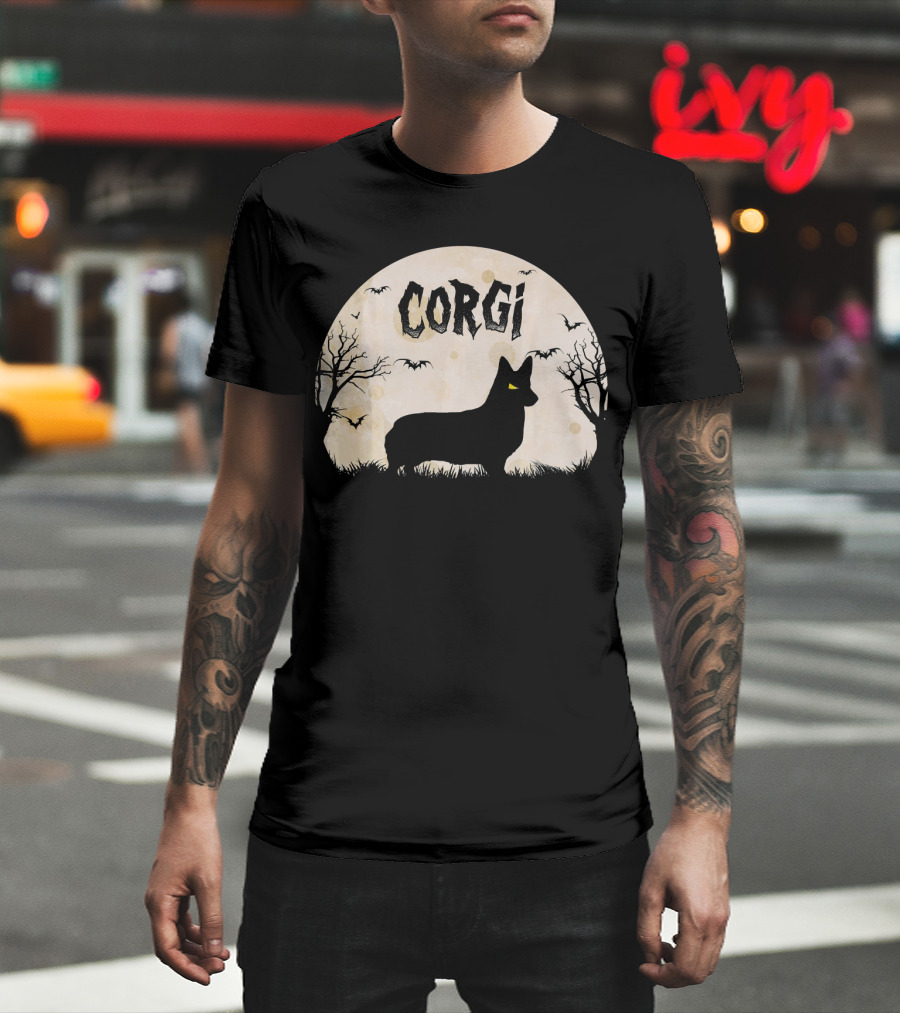 Corgi Halloween Horror Silhouette With Moon And Bats T-Shirt