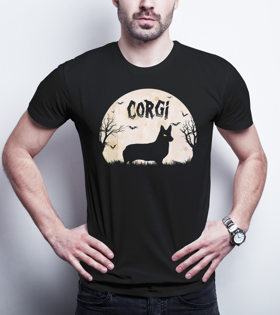 Corgi Halloween Horror Silhouette With Moon And Bats T-Shirt