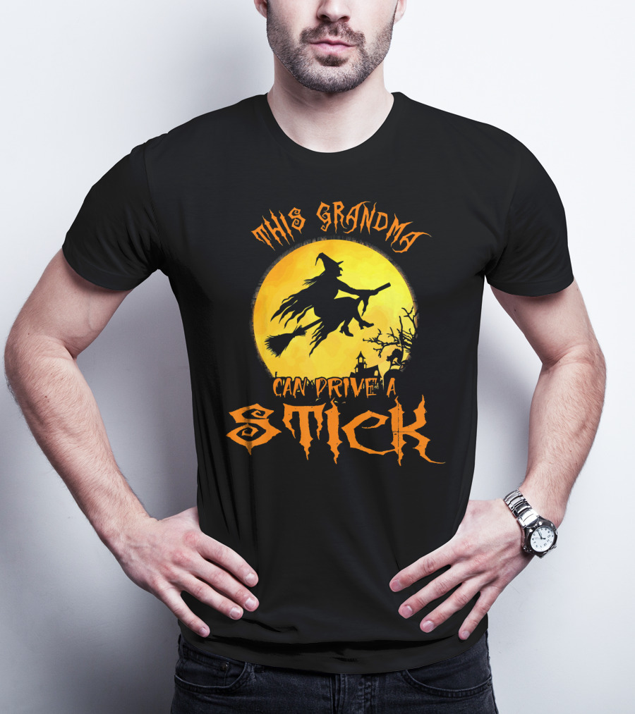 This Grandma Can Drive A Stick Witch Silhouette Flying Broomstick Full Moon Halloween Scene T-Shirt