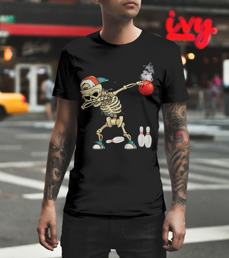 Dabbing Skeleton Holding Red Bowling Ball With Pins T-Shirt