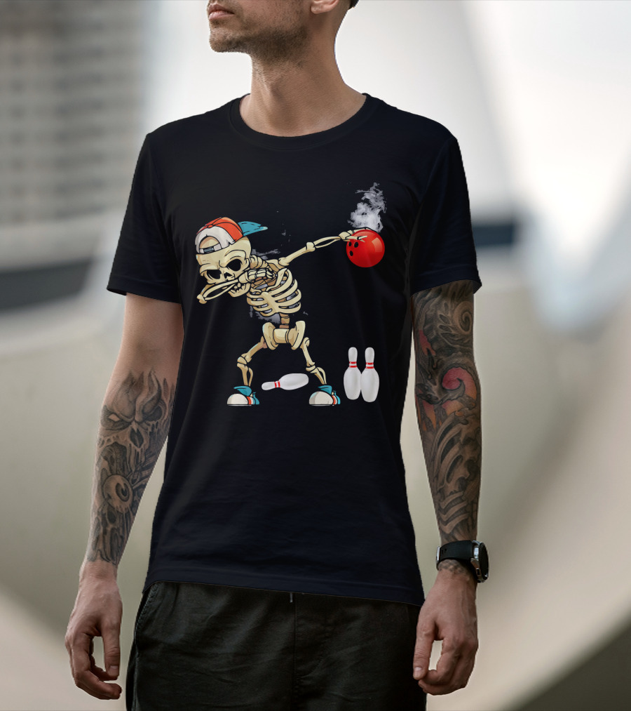 Dabbing Skeleton Holding Red Bowling Ball With Pins T-Shirt