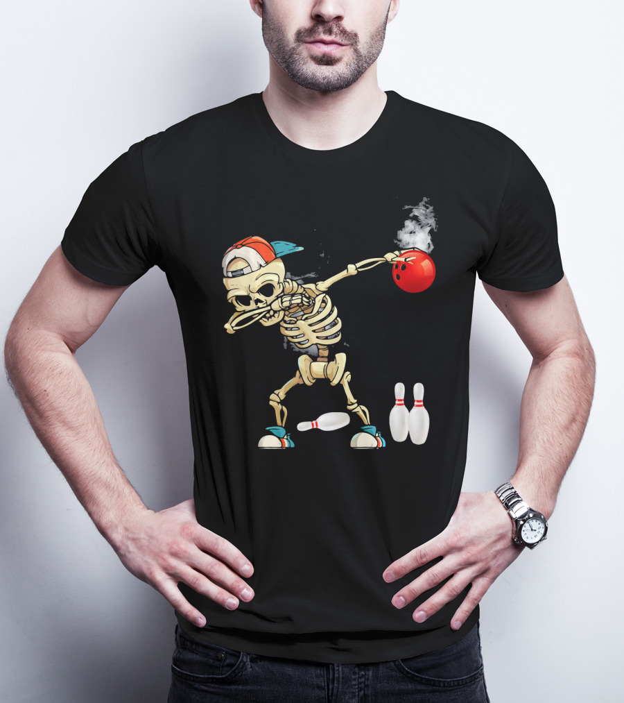 Dabbing Skeleton Holding Red Bowling Ball With Pins T-Shirt