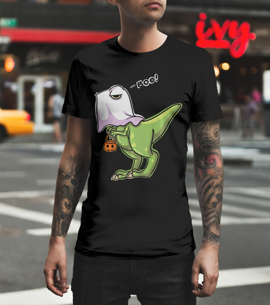 Funny Dinosaur Dressed As Halloween Ghost With Boo Text And Pumpkin T-Shirt