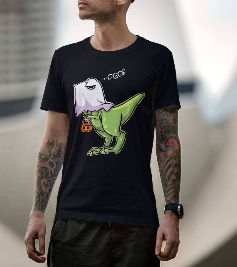 Funny Dinosaur Dressed As Halloween Ghost With Boo Text And Pumpkin T-Shirt