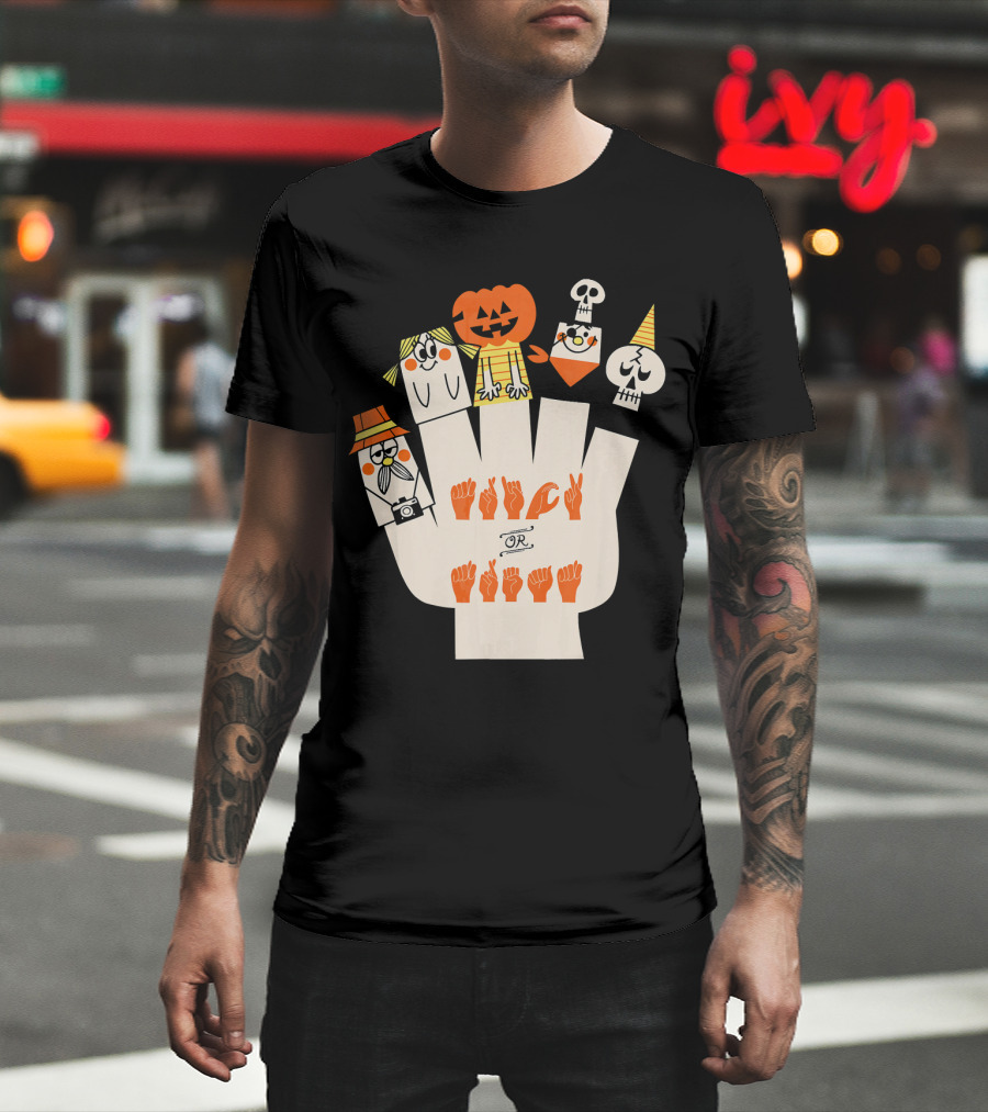 Trick Or Treat ASL Halloween Hand Signs With Pumpkin And Ghost Characters T-Shirt