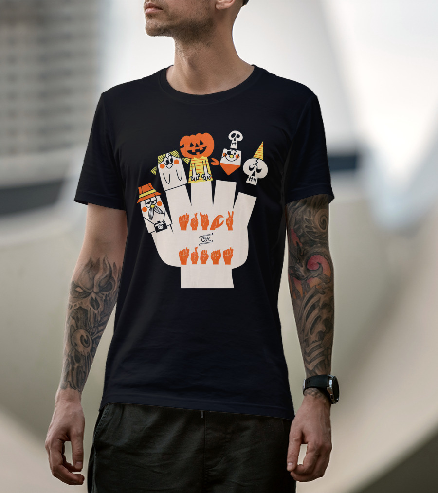 Trick Or Treat ASL Halloween Hand Signs With Pumpkin And Ghost Characters T-Shirt