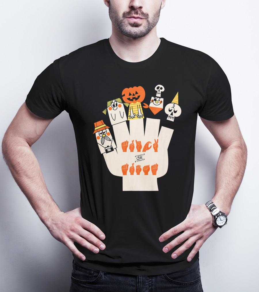 Trick Or Treat ASL Halloween Hand Signs With Pumpkin And Ghost Characters T-Shirt