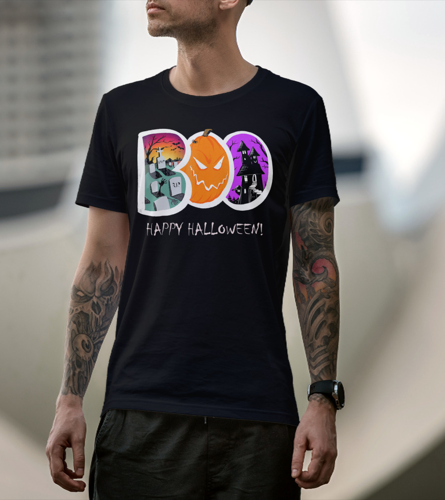 Happy Halloween Boo Trick Or Treat Pumpkin Graveyard Haunted House T-Shirt
