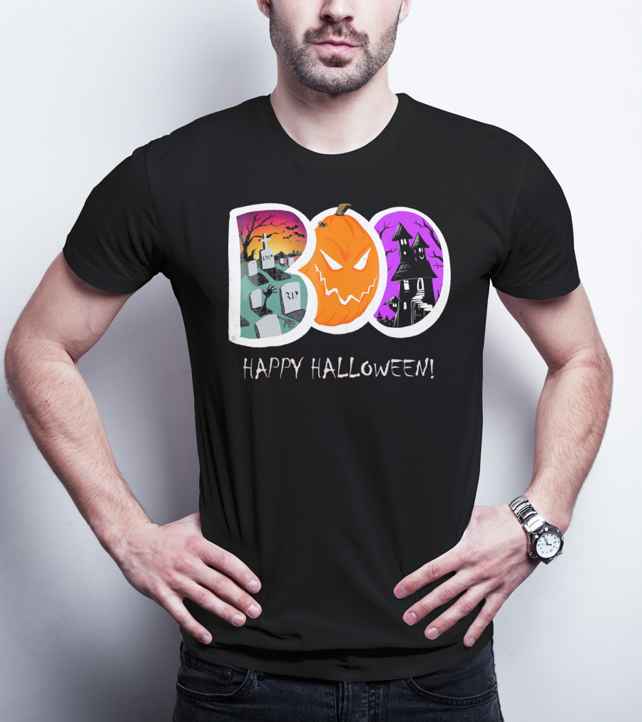 Happy Halloween Boo Trick Or Treat Pumpkin Graveyard Haunted House T-Shirt