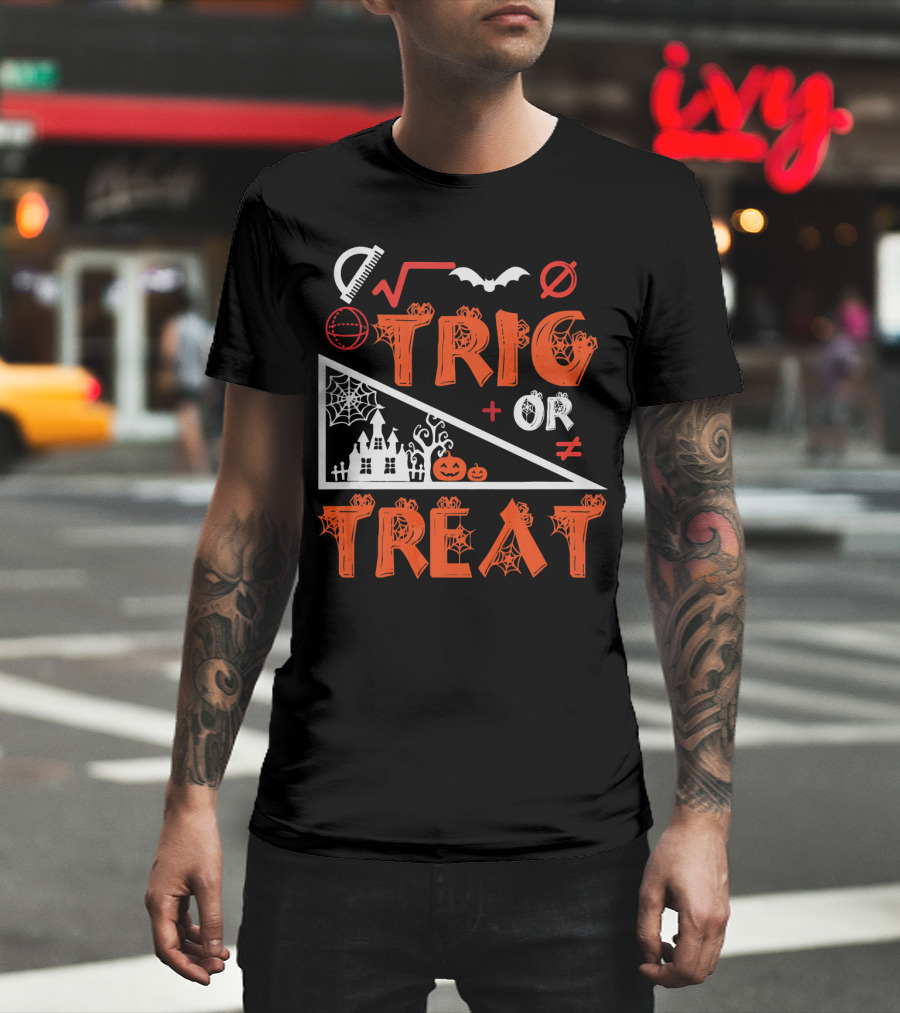 Trig Or Treat Math Halloween Costume Concept With Spooky Castle, Spider Webs, And Math Symbols T-Shirt