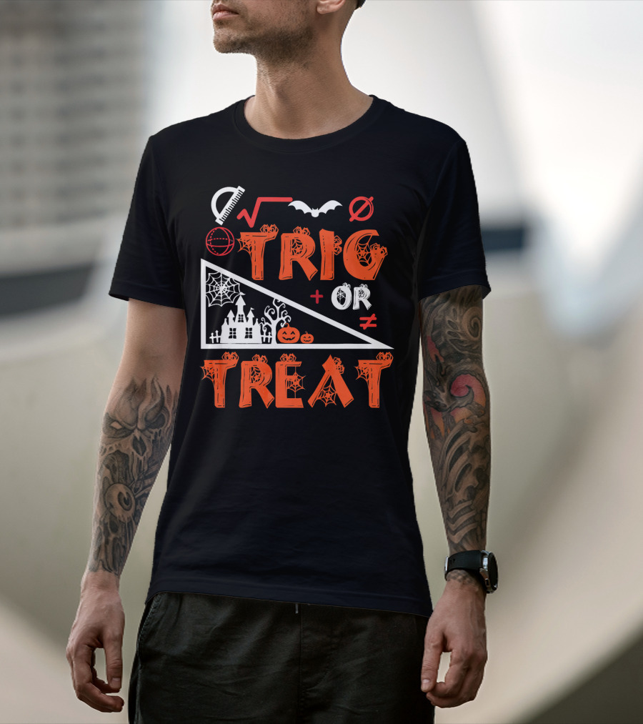 Trig Or Treat Math Halloween Costume Concept With Spooky Castle, Spider Webs, And Math Symbols T-Shirt