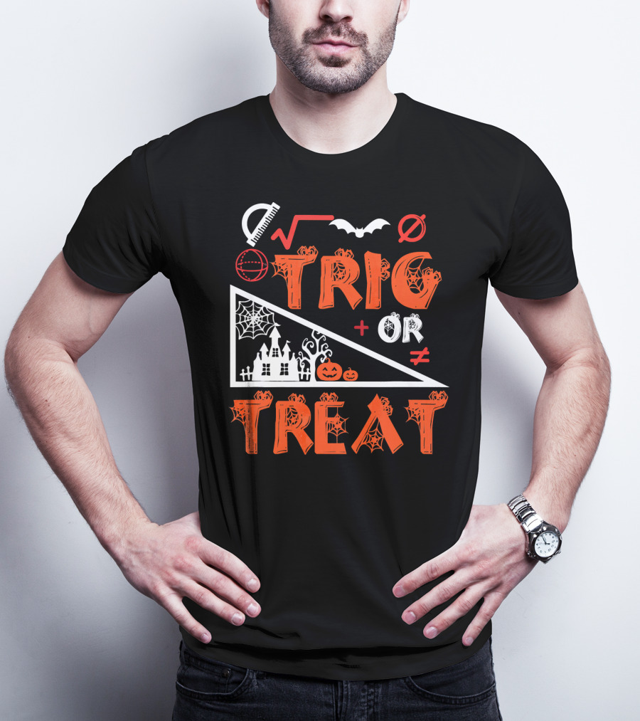 Trig Or Treat Math Halloween Costume Concept With Spooky Castle, Spider Webs, And Math Symbols T-Shirt